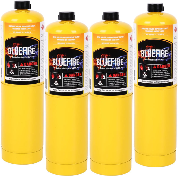 Pack of 4, BLUEFIRE Modern MAPP Gas Cylinder, 14.1 oz, 99.9% High Puri ...